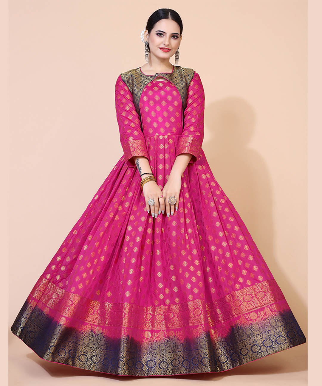 Magenta Ethnic Motifs Jacquard Maxi Dress