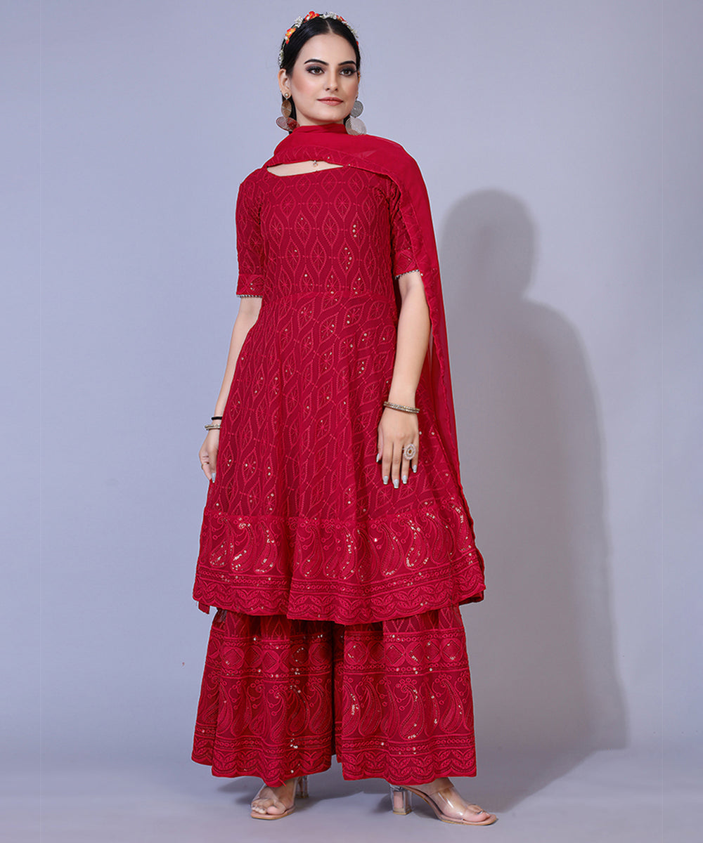 Maroon Chikankari Georgette Sharara Suit